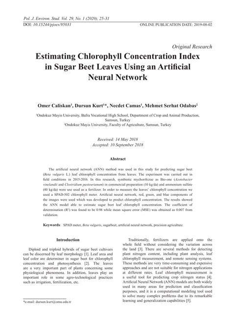 Pdf Estimating Chlorophyll Concentration Index In Sugar Beet Leaves Using An Artificial Neural