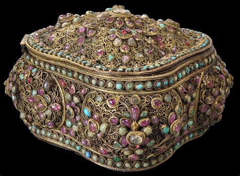 Nepalese Gilded Copper Lobed Box Set With Rubies Turquoise And Other Semi Precious Stones
