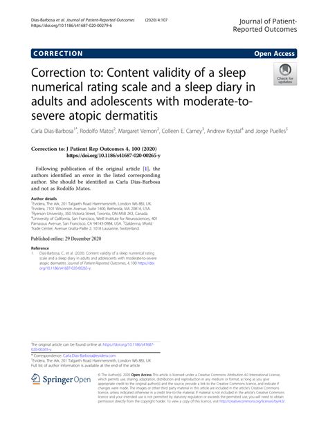 Pdf Correction To Content Validity Of A Sleep Numerical Rating Scale And A Sleep Diary In