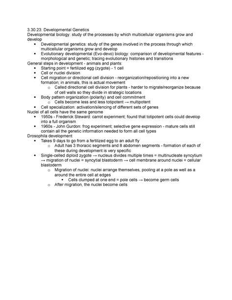 Week 12 Lectures Notes On Developmental Genetics 330 Developmental Genetics Developmental