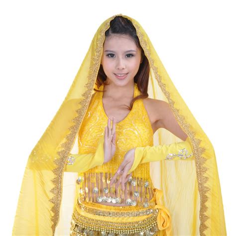 Indian Belly Dance Costume Chiffon Bollywood Gold Trim Veil Shawl Face