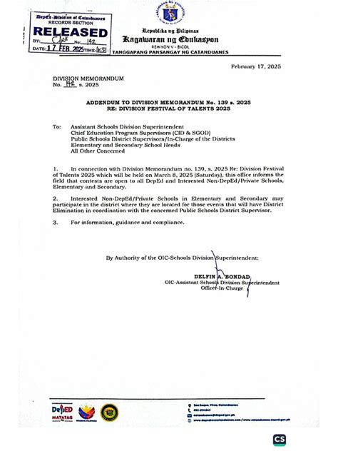 Rec Dm 142 S 2025 Addendum To Division Memo No 139 S 2025 Re Division Festival Of Talents