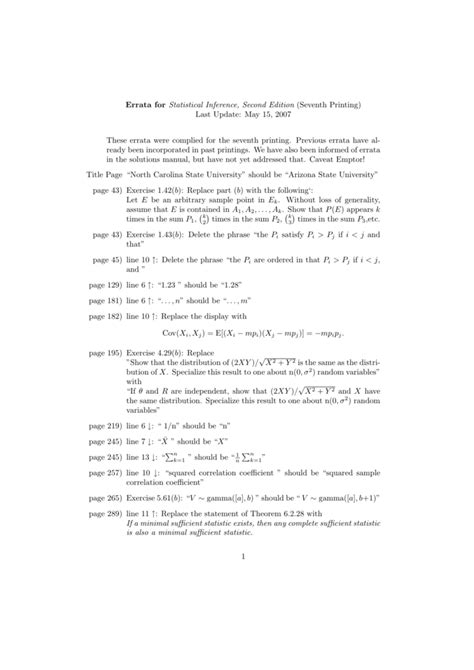 Errata For Statistical Inference Second Edition Seventh Printing