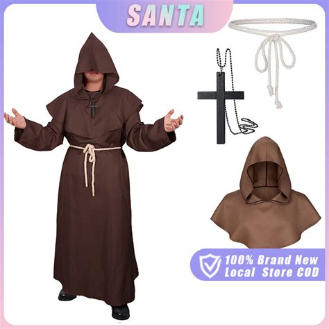 Medieval Monks Hooded Cape Priest Robe Wizard Halloween Cosplay Costume