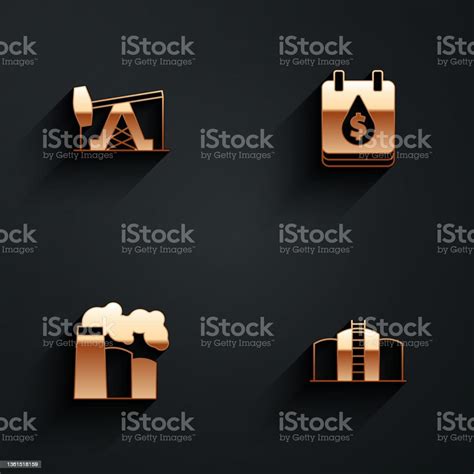 오일 펌프 또는 펌프 잭을 설정하고 달러 기호로 떨어 뜨리고 가스 산업 공장 및 긴 그림자가있는 탱크 저장 아이콘을 놓습니다 벡터 0명에 대한 스톡 벡터 아트 및 기타