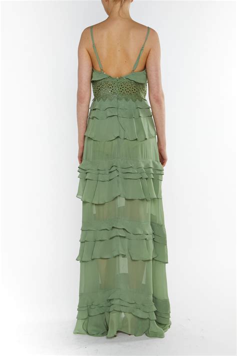 Sophia Sage Green Plunge Front Tiered Ruffle Maxi Dress 6 True