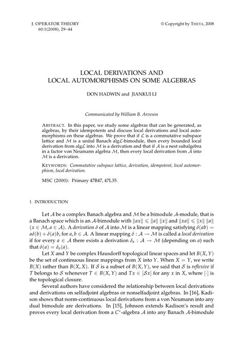 Pdf Local Derivations And Local Automorphisms On Some Algebras