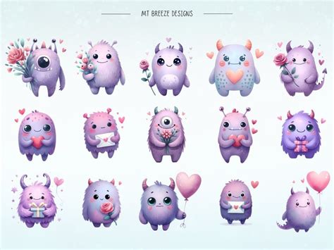 87 Valentine Monsters Watercolor Clipart Set Cute Whimsical Alien Clip