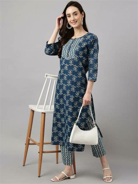 Buy Janasya Womens Blue Cotton Floral Print Kurta With Pant Online At