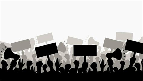 Silhouette Of Protesting Crowd Of People With Raised Hands And Banners