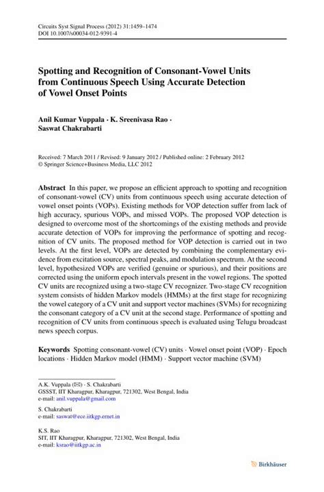 Pdf Spotting And Recognition Of Consonant Vowel Units From Continuous