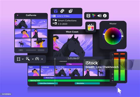 비디오 편집 소프트웨어 프로그램 인기있는 비디오 편집기 비디오 프로젝트 편집 사운드 및 색상 조정 비디오 클립 편집 프로그램 인터페이스 벡터에 대한 스톡 벡터 아트 및 기타