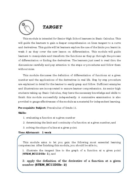 Basic Calculus Q3 W4 Module 4 Target This Module Is Intended For Senior High School Learners