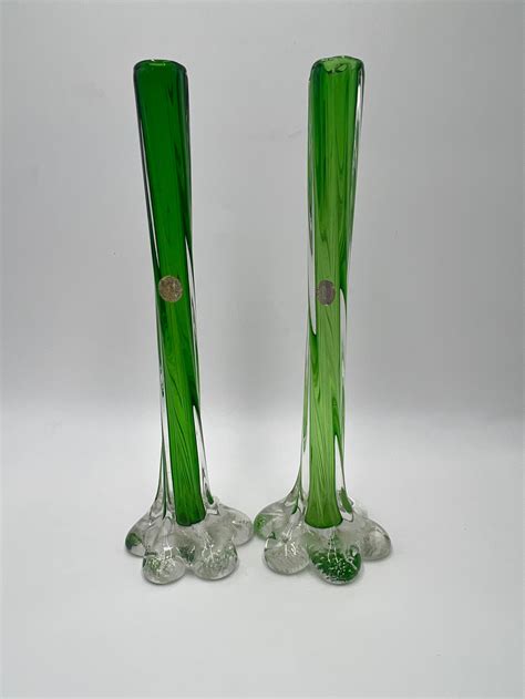 Murano Style Green Cased Art Glass Elephant Foot Vase X 2 Eclectic