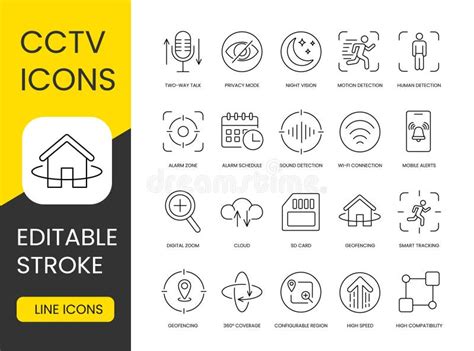 Cctv Camera Systems Vector Line Icon Set With Editable Stroke For Placement On Cctv Camera