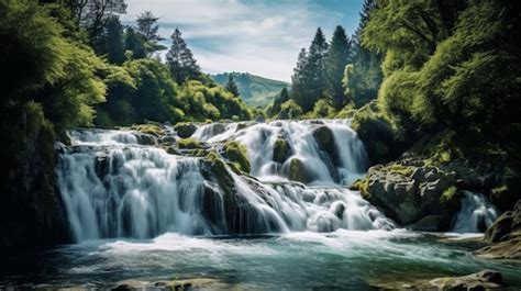 Waterfall Cascade Landscape Background Premium Ai Generated Image