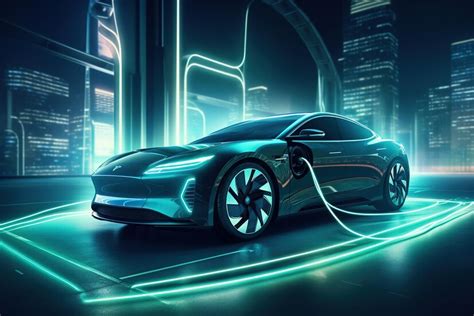 A Modern Electric Car Charges At A Futuristic Charging Station With