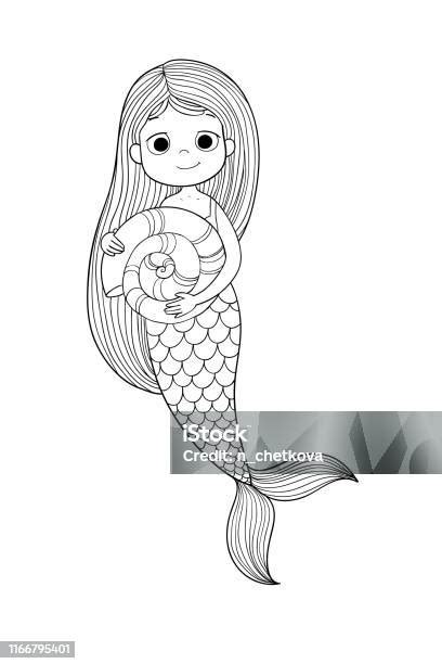 귀여운 만화 작은 인어 사이렌 바다 테마입니다 흰색 배경에 격리된 개체입니다 동화에 대한 스톡 벡터 아트 및 기타 이미지