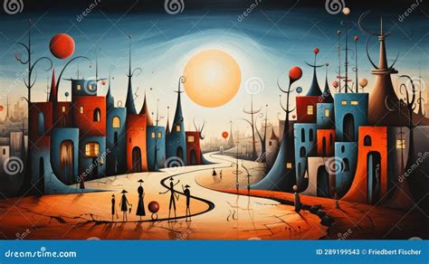 Una Pintura De Una Ciudad Con Gente Caminando Por Una Calle Stock De