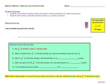 Radicals Simplifying Rationalizing The Denominator Guided Notes