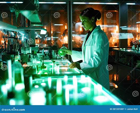 Futuristic Lab With Glowing Screens And Holograms Female Stock