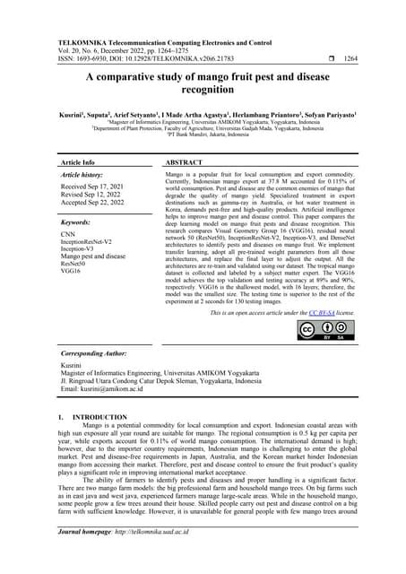 A Comparative Study Of Mango Fruit Pest And Disease Recognition Pdf