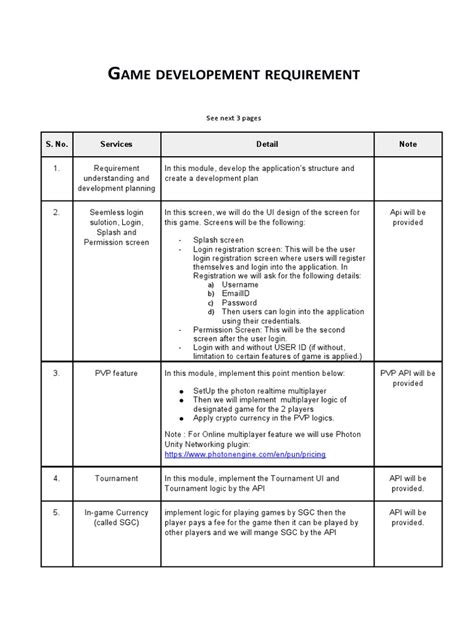 game development requirement plan structure features and services