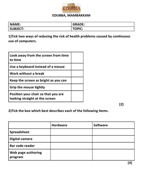 Grade 9 Ict Worksheet2 Download Free Pdf Printer Computing