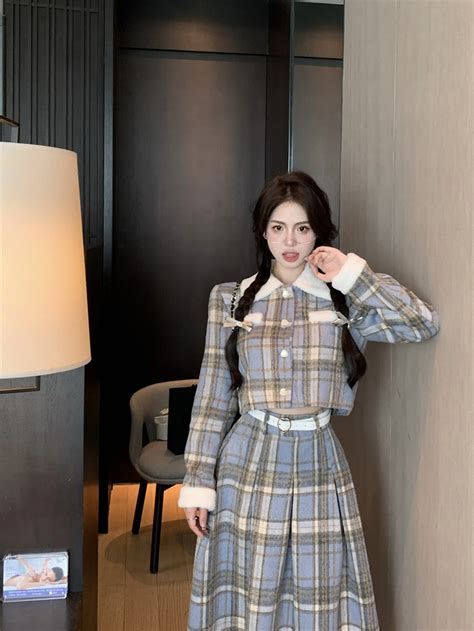 체크 숏자켓 벨트 플리츠 롱스커트 투피스