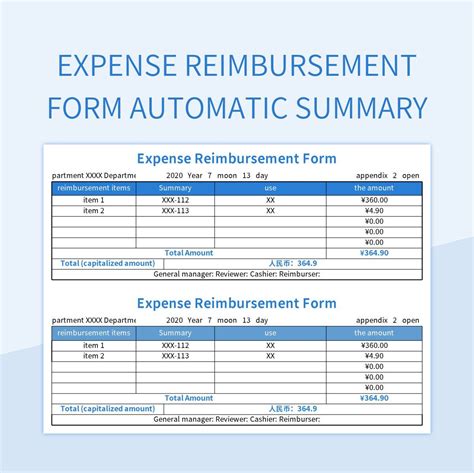 Expense Reimbursement Form Automatic Summary Excel Template And Google