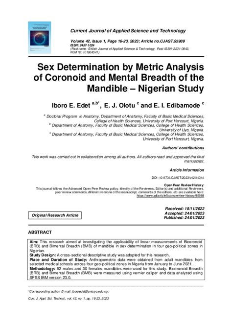Pdf Sex Determination By Metric Analysis Of Coronoid And Mental