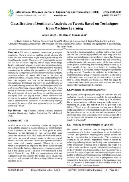 Classification Of Sentiment Analysis On Tweets Based On Techniques From