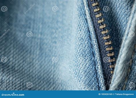 Blue Jeans Denim Open Zipper Closeup Details Textile Fabric
