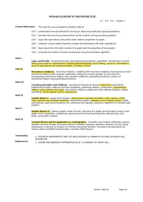 discrete mathematics syllebus mth401 discrete mathematics course