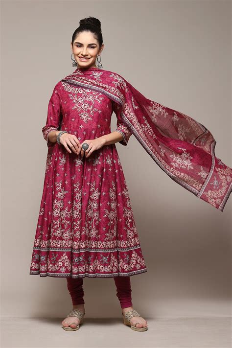 Crimson Red Cotton Anarkali Printed Kurta Churidar Suit Set