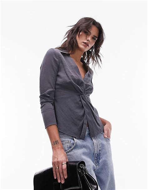 Topshop Twist Front Top In Charcoal Asos