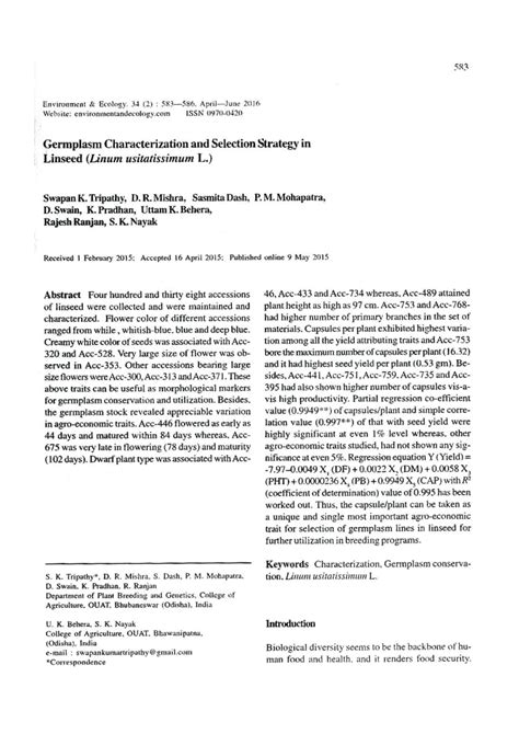 Pdf Germplasm Characterization And Selection Strategy In Linseed