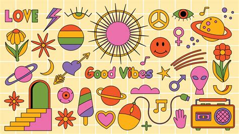 Set Of Hipster Retro Cool Psychedelic Elements Collection Stickers Of