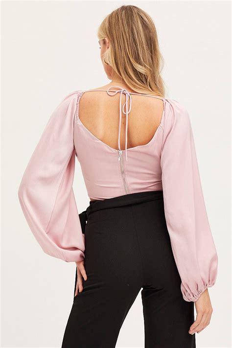 Womens Pink Puff Sleeve Top Long Sleeve Crop Satin Ally Fashion