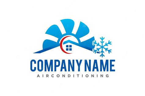 에어컨 냉각 및 난방 하우스 로고 디자인 송풍기 팬 및 눈송이 아이콘 기호 지붕 승리 프리미엄 벡터
