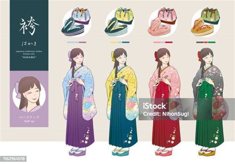 벡터 일러스트 일본 기모노 하카마와 일본 샌들 조리 드로 스트링 가방 세트 하카마에 대한 스톡 벡터 아트 및 기타 이미지
