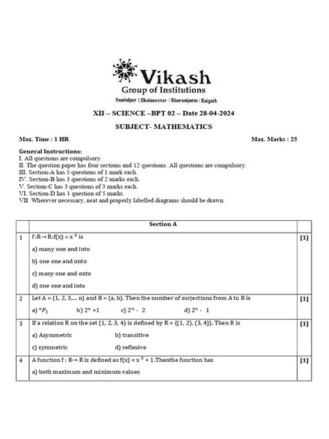 Xii Science Math Bpt 02 Date 28 04 2024 Pdf Function