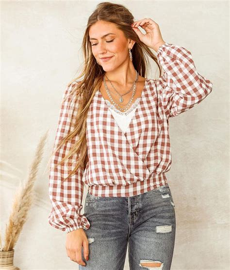 Willow And Root Gingham Surplice Top Womens Shirtsblouses In Red