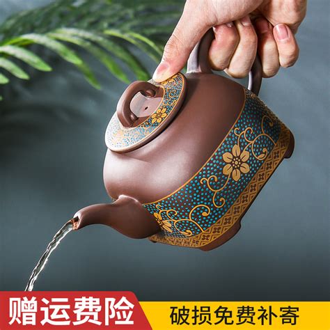 宜兴紫砂壶中式复古茶壶单壶鎏金家用简约日式泡茶器功夫茶具套装 虎窝淘