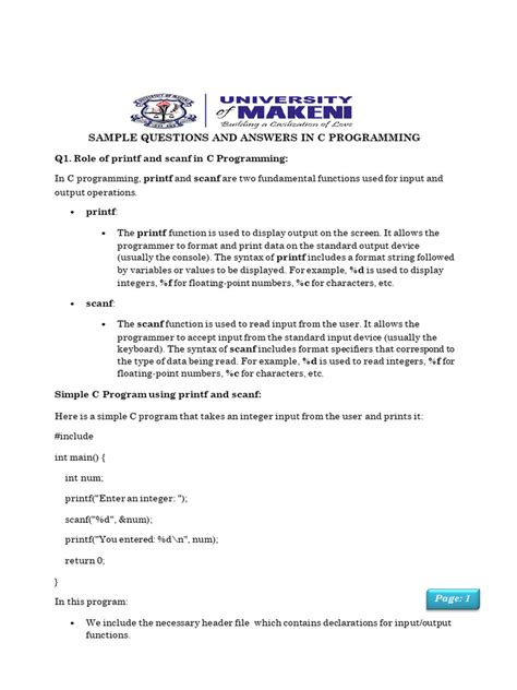 Sample Questions And Answers In C Programming 2 Pdf Data Type C Programming Language