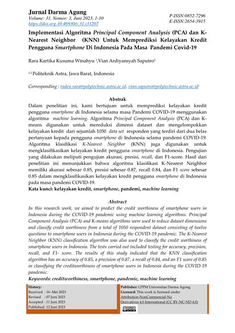 Pdf Implementasi Algoritma Principal Component Analysis Pca Dan K