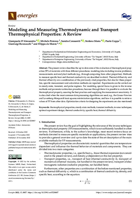 Pdf Modeling And Measuring Thermodynamic And Transport Thermophysical