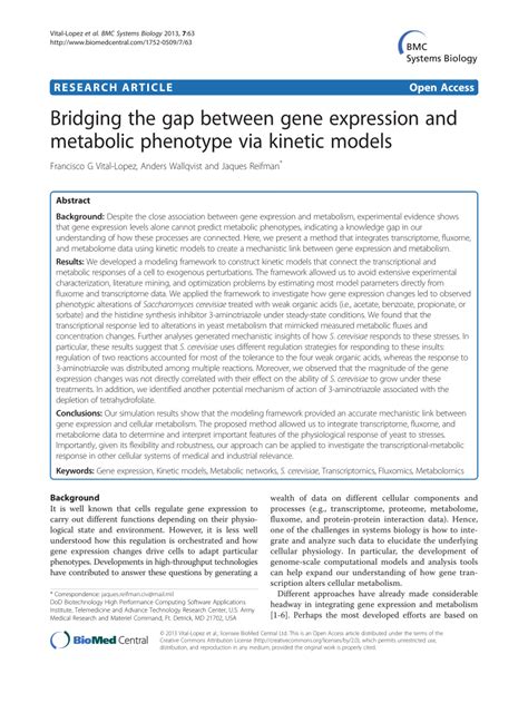 Pdf Bridging The Gap Between Gene Expression And Metabolic Phenotype Via Kinetic Models