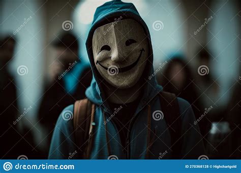 Man Wearing A Smiling Face Mask To Hide His Feelings Behind The Mask