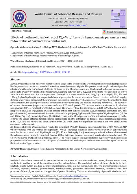 Pdf Effects Of Methanolic Leaf Extract Of Kigelia Africana On Hemodynamic Parameters And Redox
